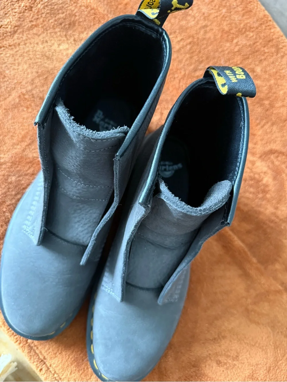 Dr. Martens | Shoes | Dr Martens Gray Slipon Leather Boots With Yellow ...